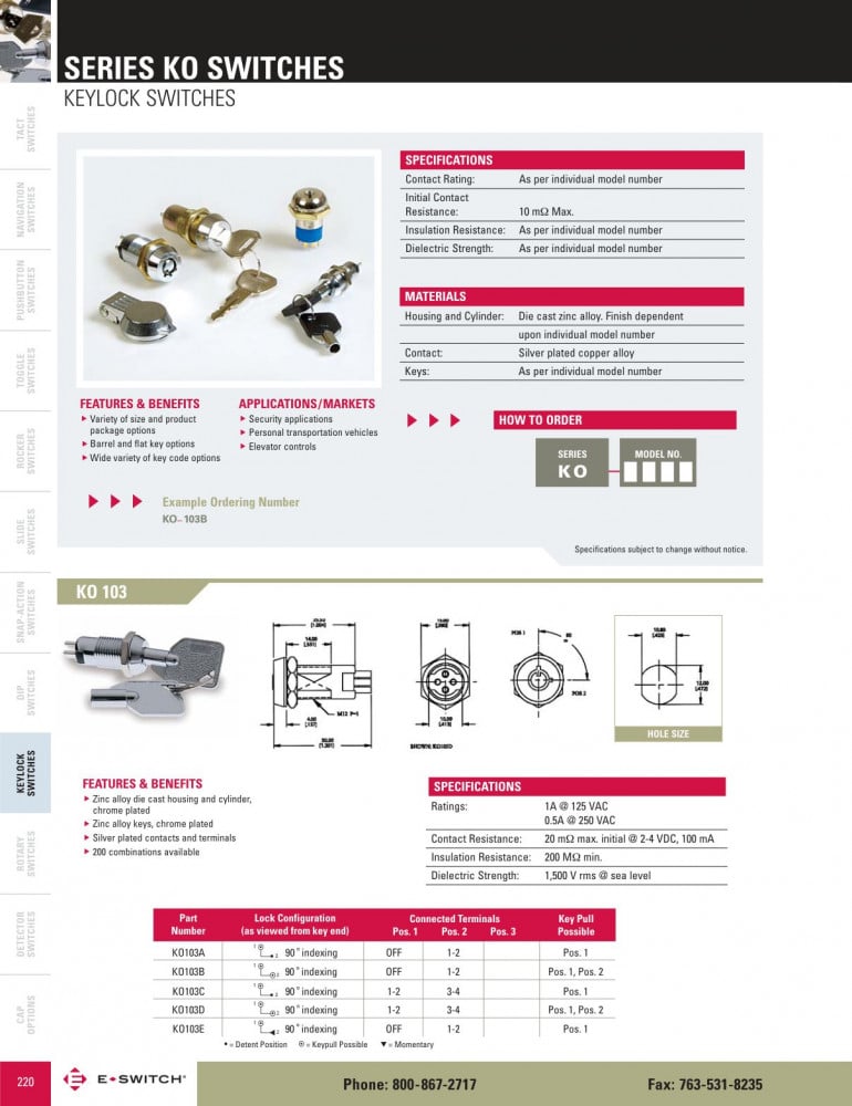 E-Switch KO series datasheet page 1