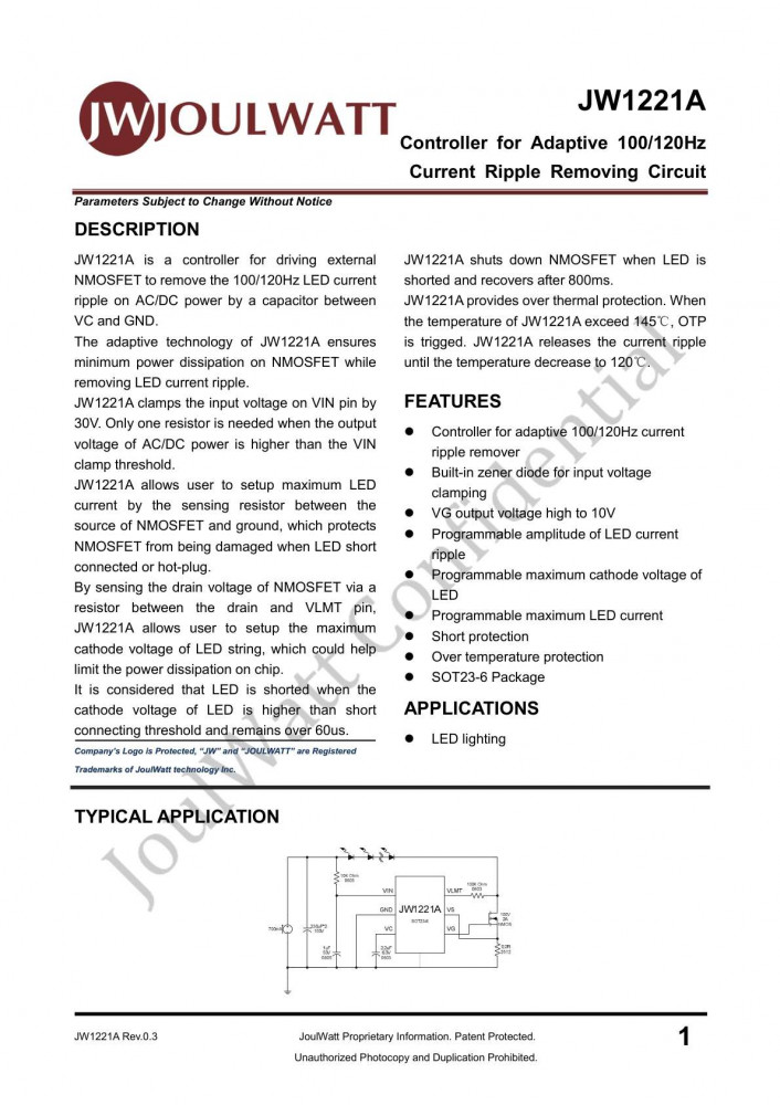 JW1221A datasheet page 1