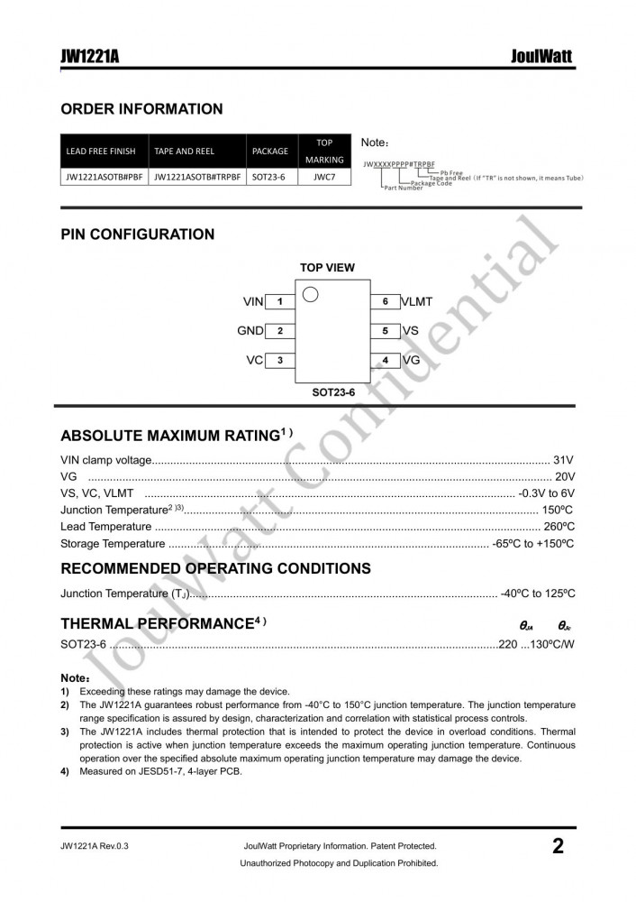 JW1221A datasheet page 2