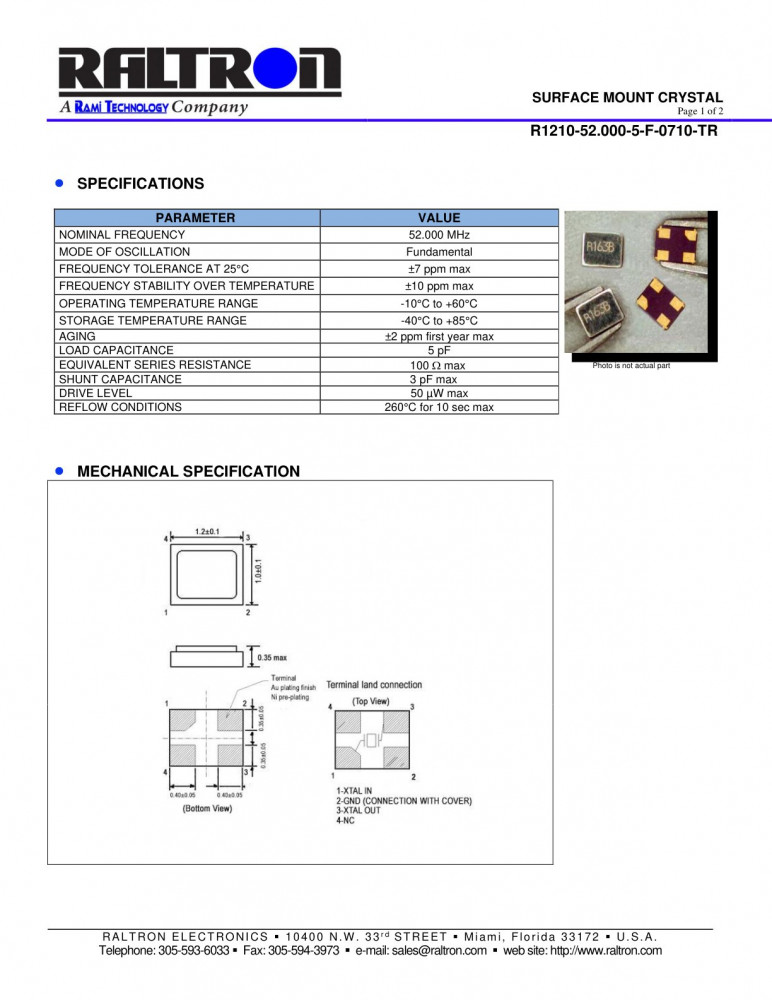 Raltron R1210-52.000-5-F-0710-TR specification page