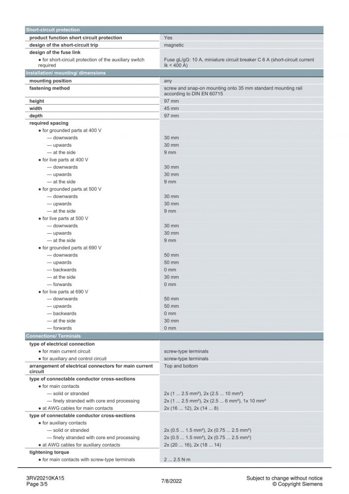 SIEMENS 3RV20210KA15 technical document page 3