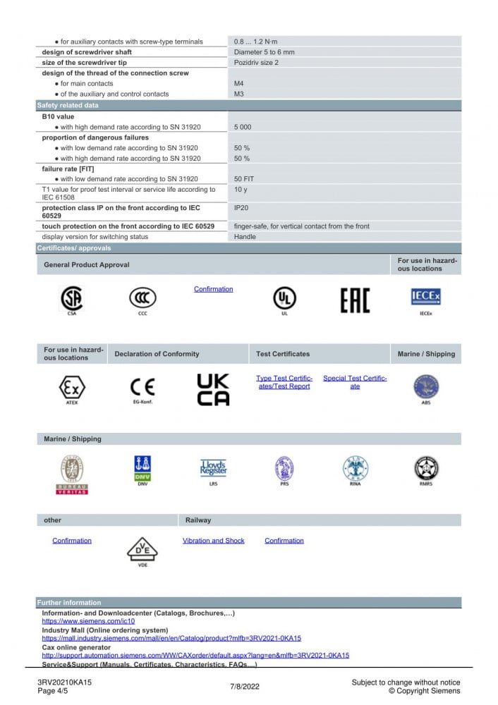 SIEMENS 3RV20210KA15 technical document page 4
