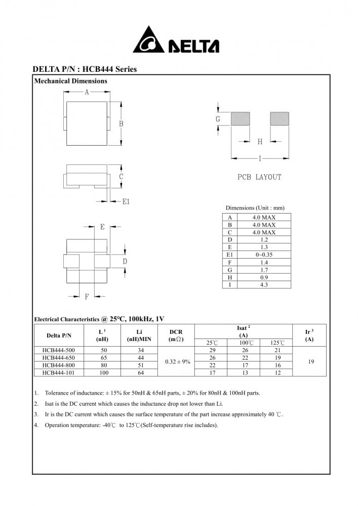 DELTA HCB444 series mechanical dimensions and electrical characteristics