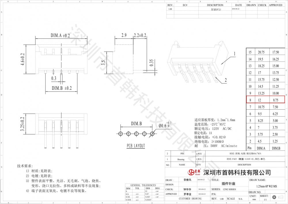 1.25mm-8P WZ-MS technical document page 1