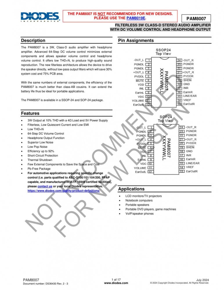 PAM8007NHR datasheet page 1