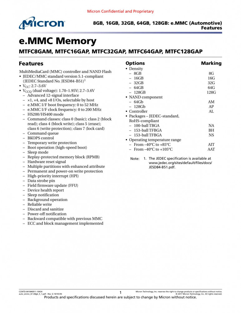 MTFC16GAPALBH-AAT technical document page 1