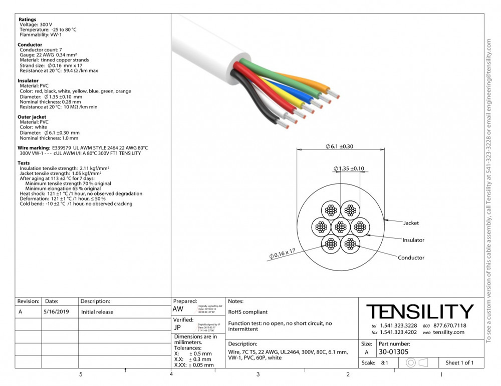 Tensility International 30-01305 cable product drawing