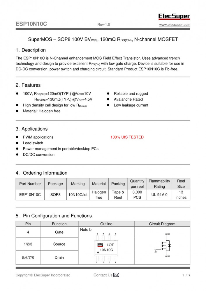 ESP10N10C datasheet page 1