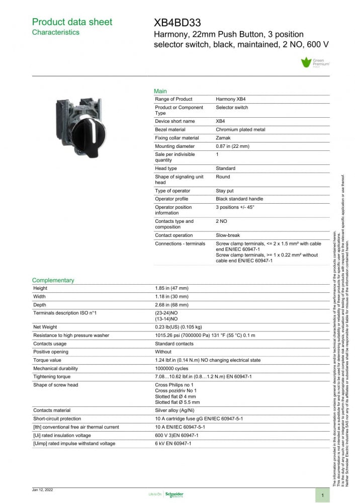 XB4BD33 technical document page 1