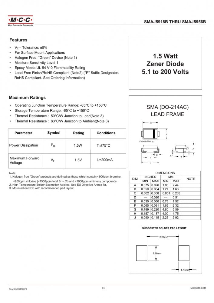 MCC SMAJ5931B-TP datasheet page 1