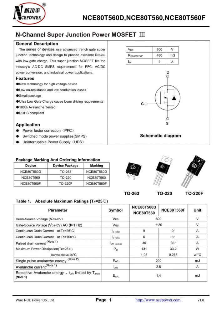 NCE80T560F datasheet page 1