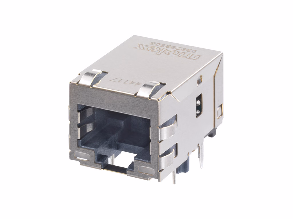 MXMag Gigabit Ethernet 8 Core Non-PoE Single-Port RJ45 Connector, 21.40mm Depth, 3.30mm Phy Pin Length, Right-Angle, Standard Profile, with Shield Tabs, with Green/Yellow-Green/Yellow LEDs, Standard Temperature, with 2kV Shield Connection, Tray
