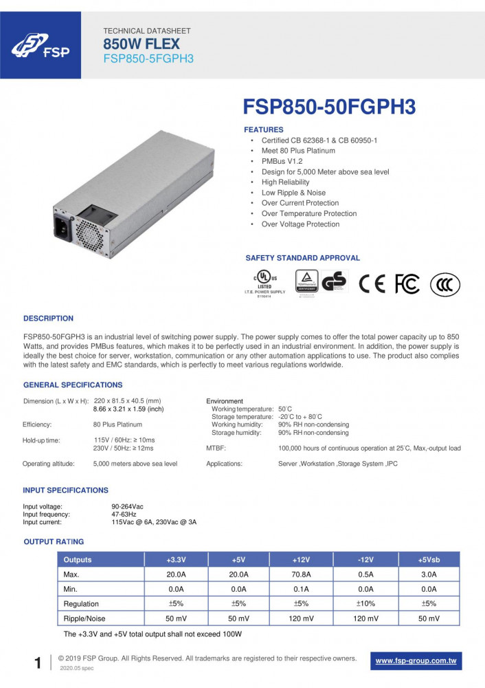 FSP850-50FGPH3 technical document, page 1