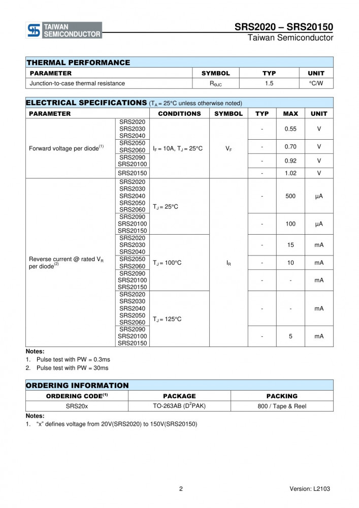 Taiwan Semiconductor SRS2060 datasheet preview, page 2
