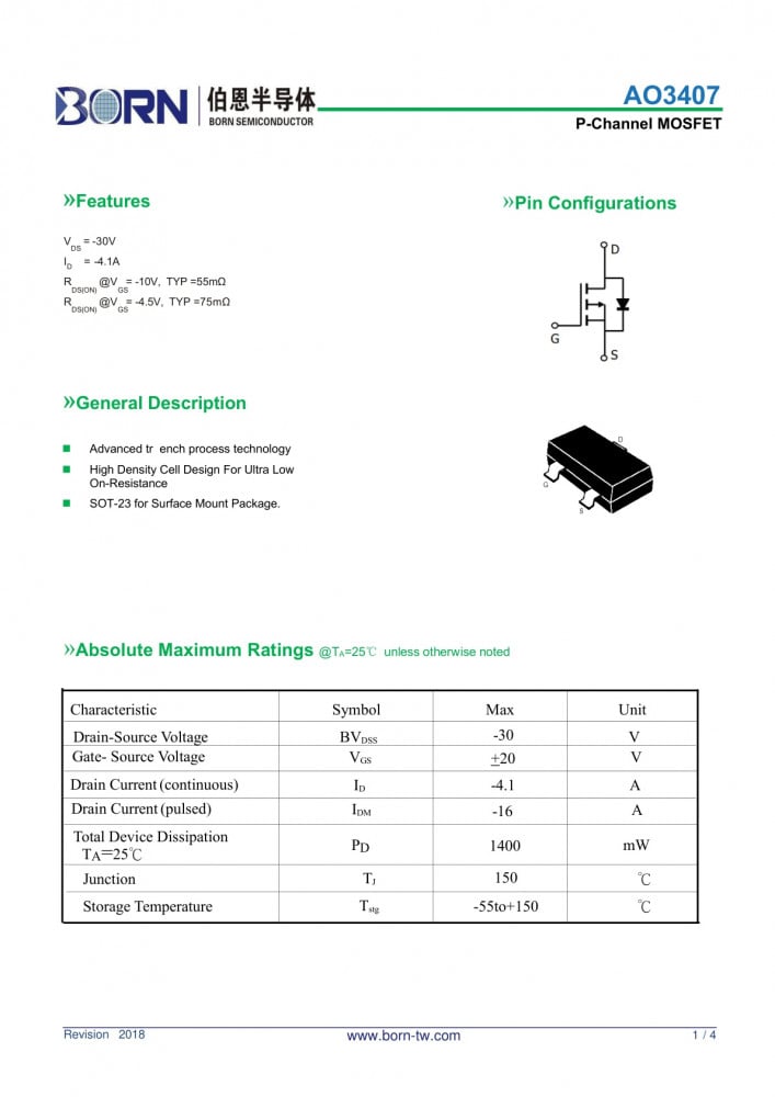 AO3407 datasheet page 1