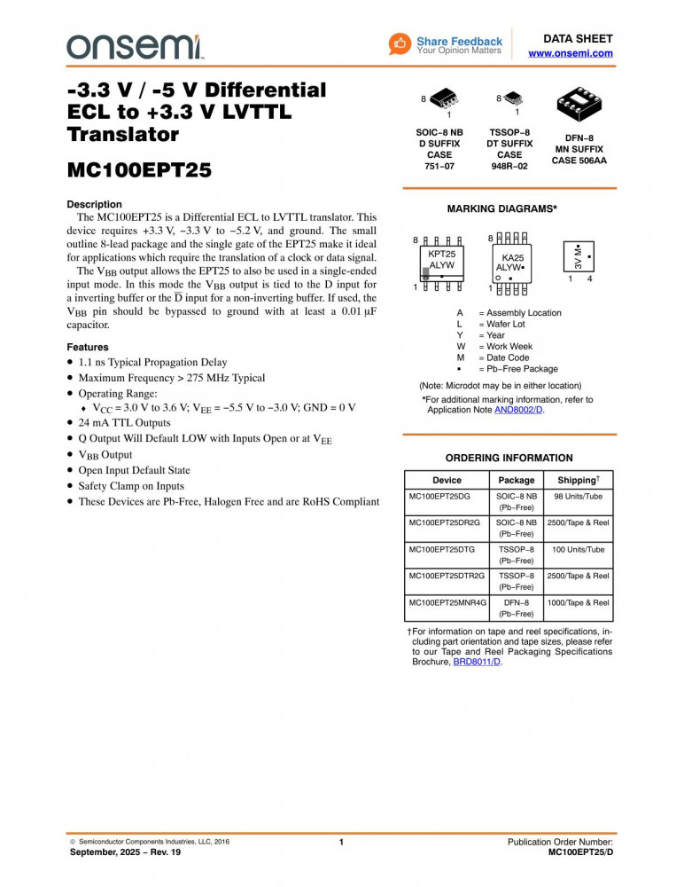 MC100EPT25 datasheet page 1