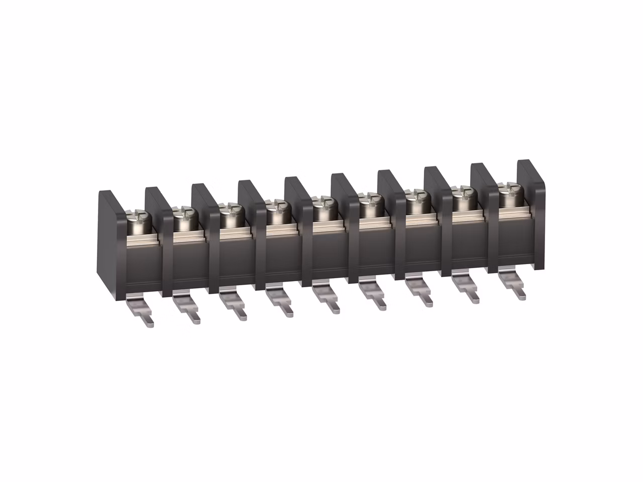 8.26mm Pitch, Single Row, Dual-Barrier Terminal Strip, Right Angle Terminals without Mounting Ends, Black, Steel Screws, 9 Circuits for sale