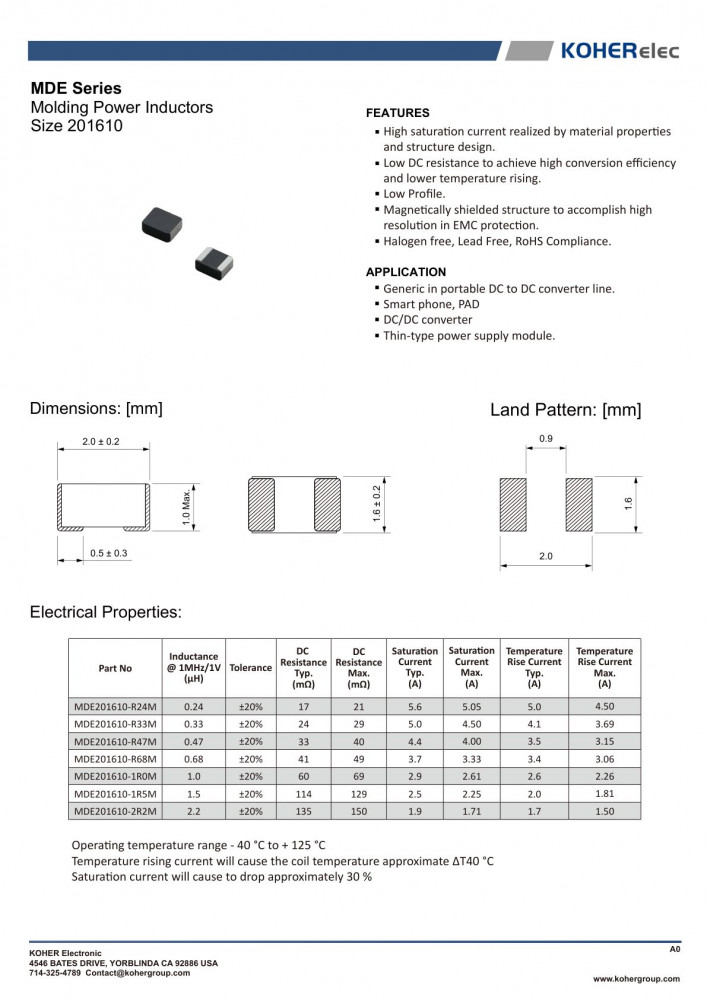 KOHERelec MDE Series molding power inductor datasheet page 1