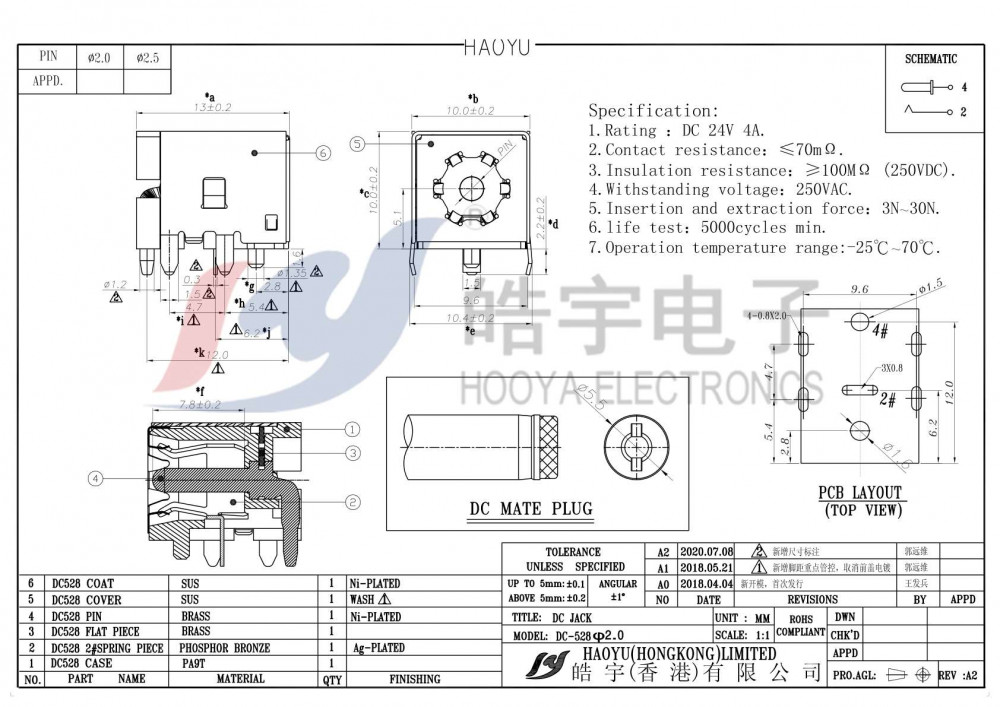 HOOYA DC-528φ2.0(HY) specification drawing and PCB layout