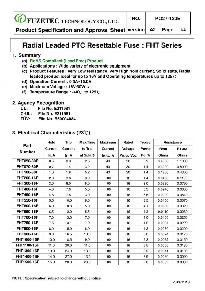 FHT Series specification sheet page 1