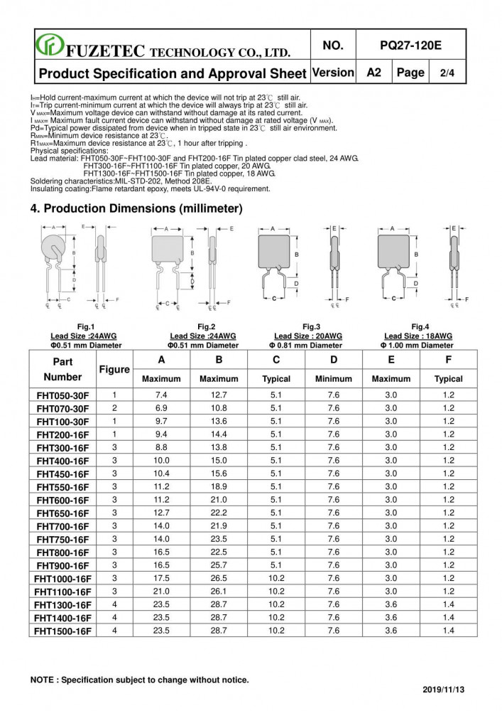 FHT Series specification sheet page 2