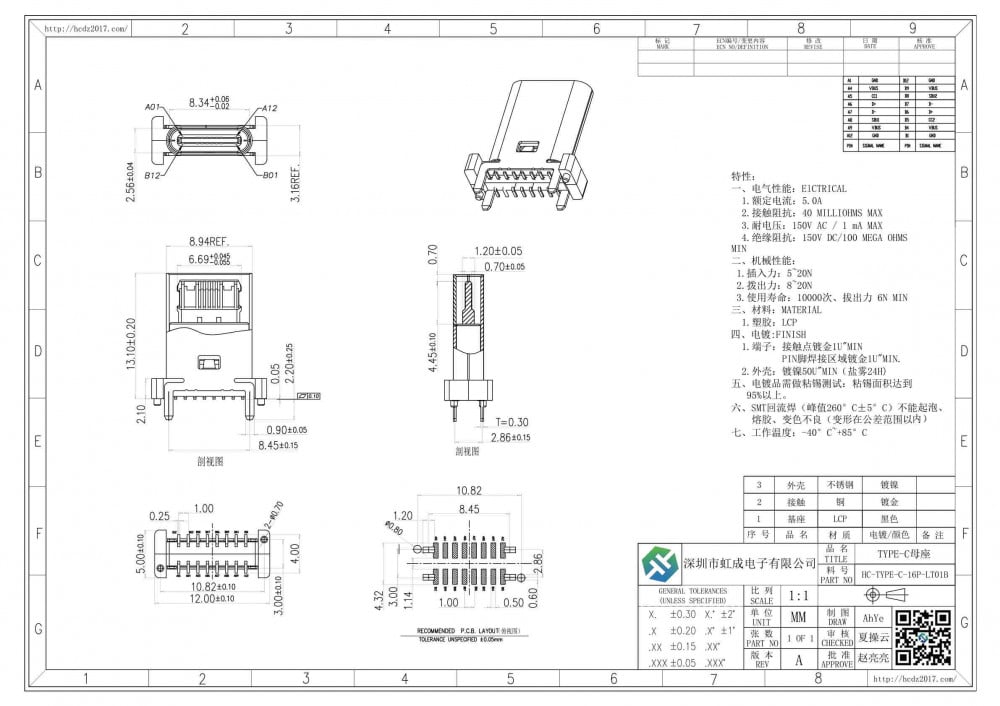 HC-TYPE-C-16P-LT01B mechanical drawing and recommended PCB layout