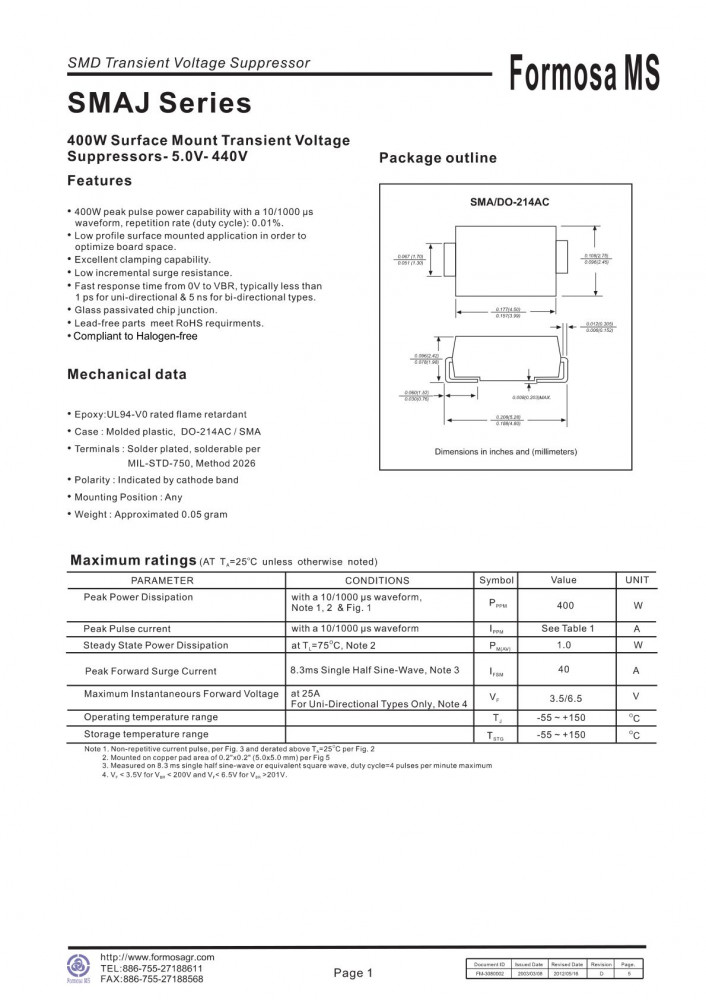FMS SMAJ Series datasheet page 1