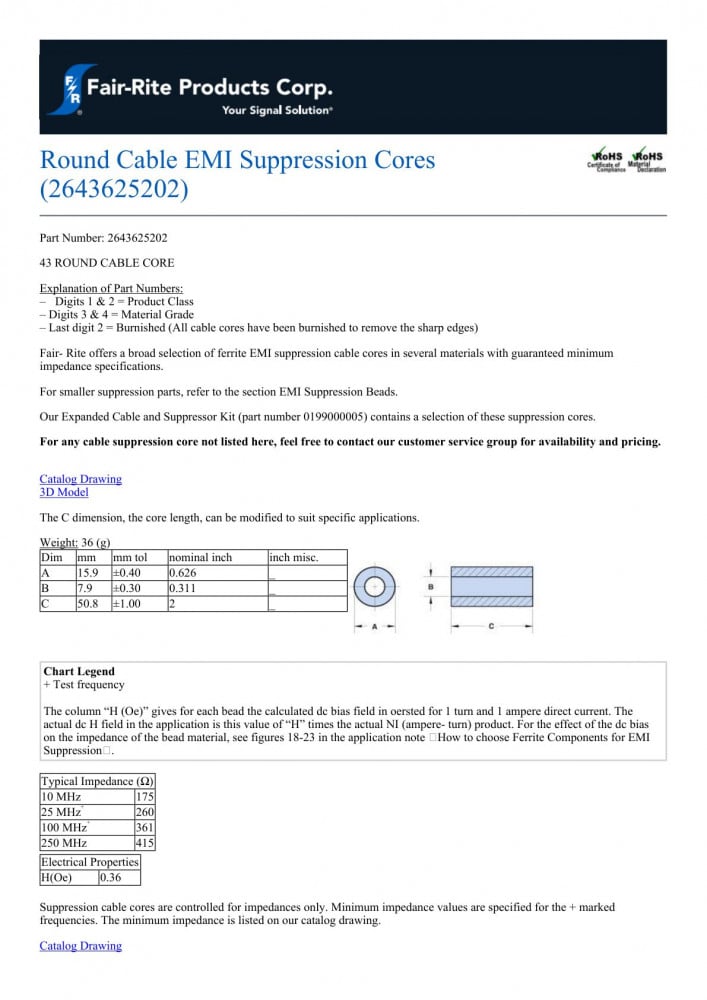 Fair-Rite 2643625202 technical document page 1