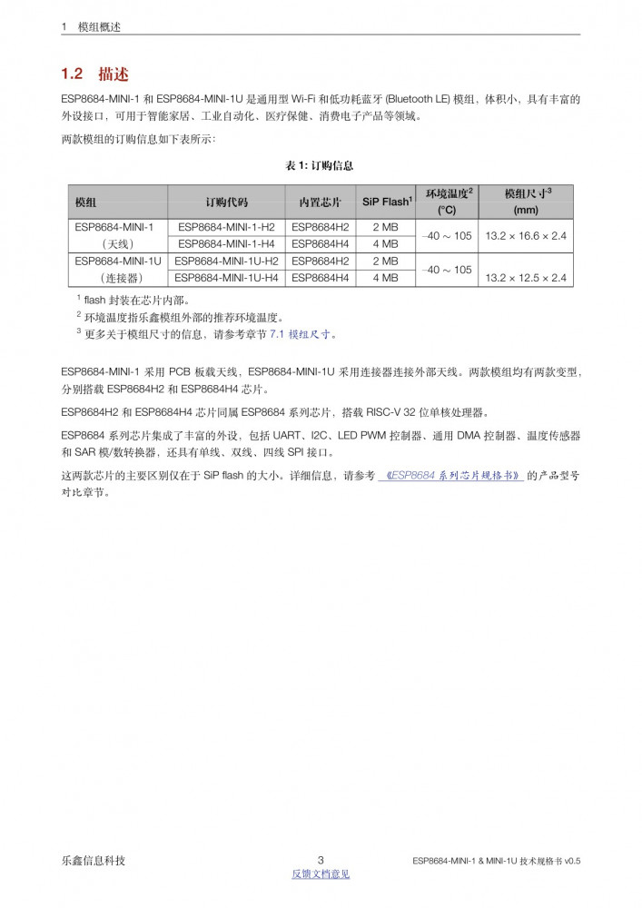 ESP8684-MINI-1U-H4 technical document page 3
