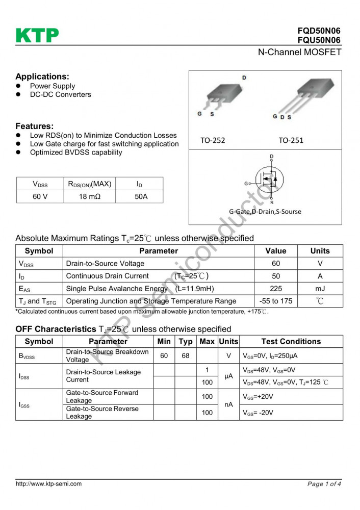FQD50N06 datasheet page 1