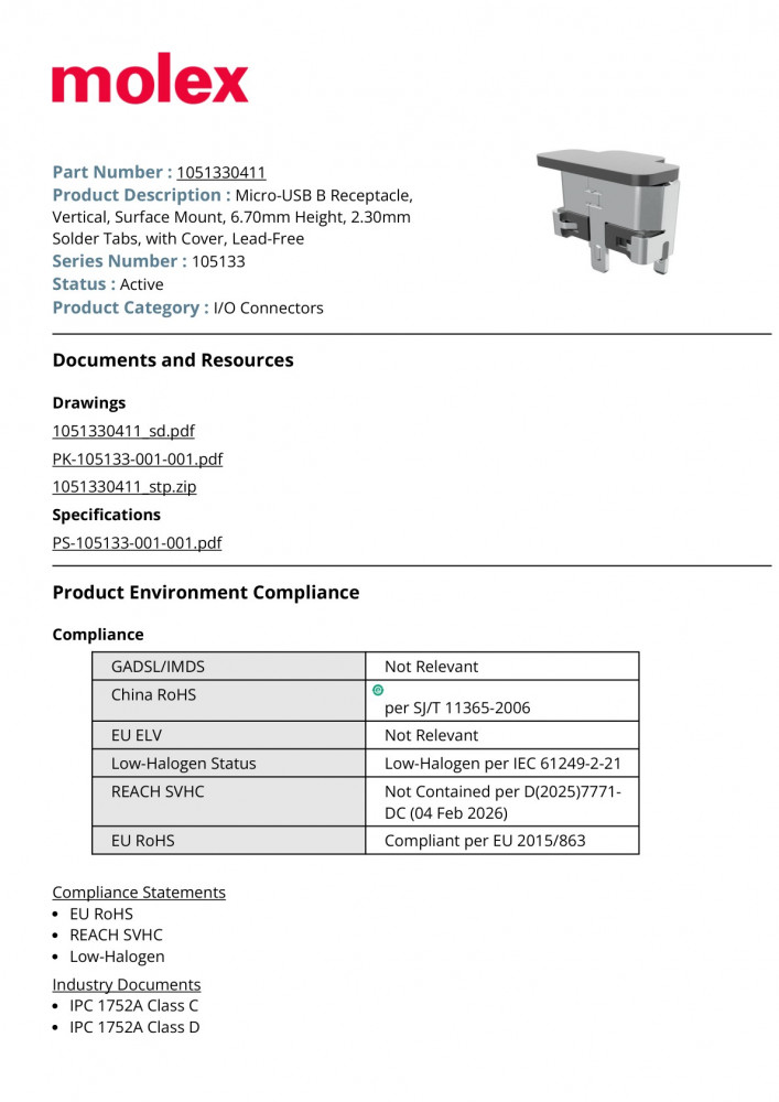 MOLEX Micro-USB connector specification, page image 1