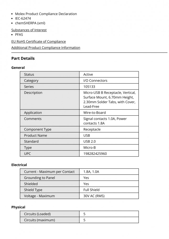 MOLEX Micro-USB connector specification, page image 2