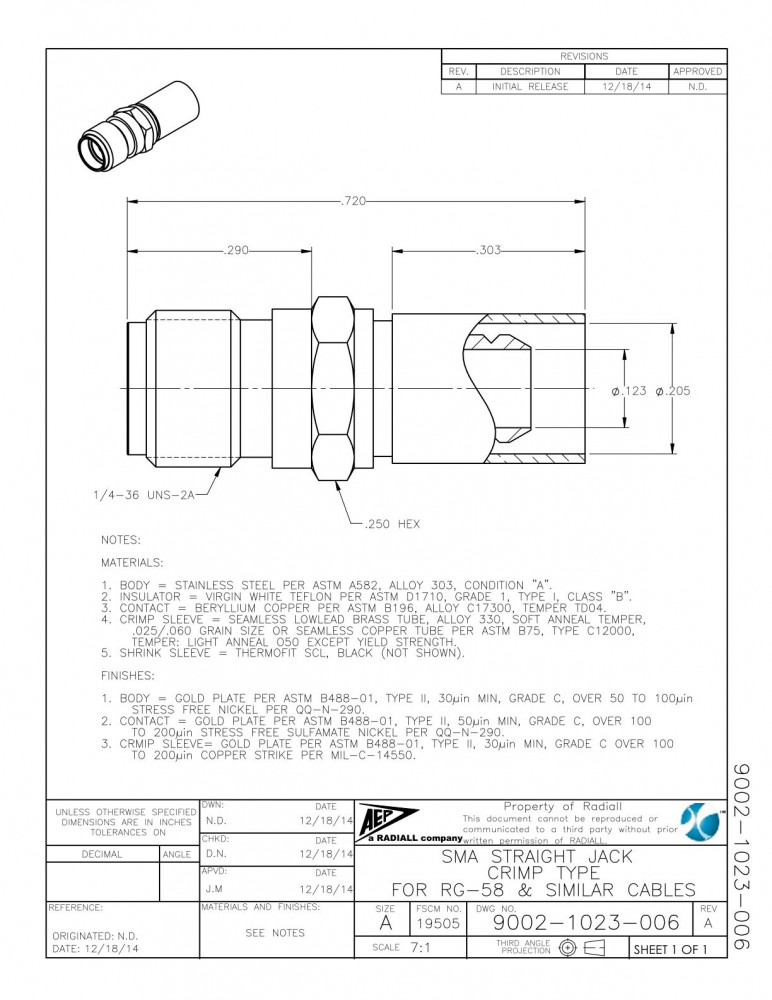 Radiall 9002-1023-006 SMA straight jack crimp connector drawing