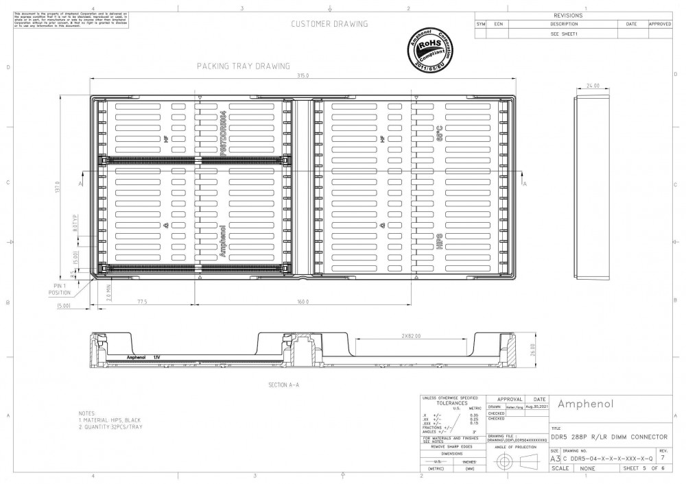 DDR5 288-pin DIMM connector packing tray drawing, page 5