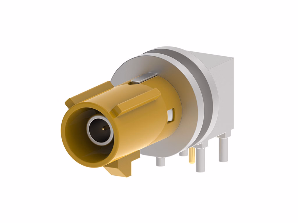 FAKRA Jack, Right-Angle, Through Hole, Kinked Tail, Key K, Latch Clocked 90 Degrees, Carton, 50 Ohms