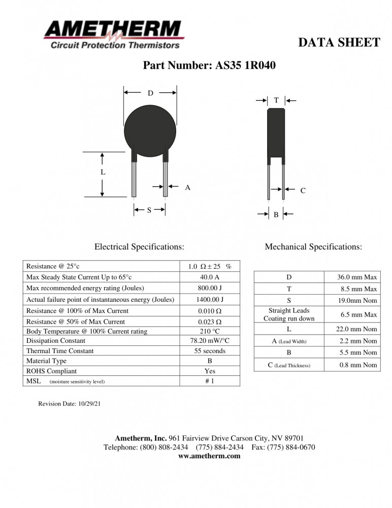 Ametherm AS35 1R040 technical document page