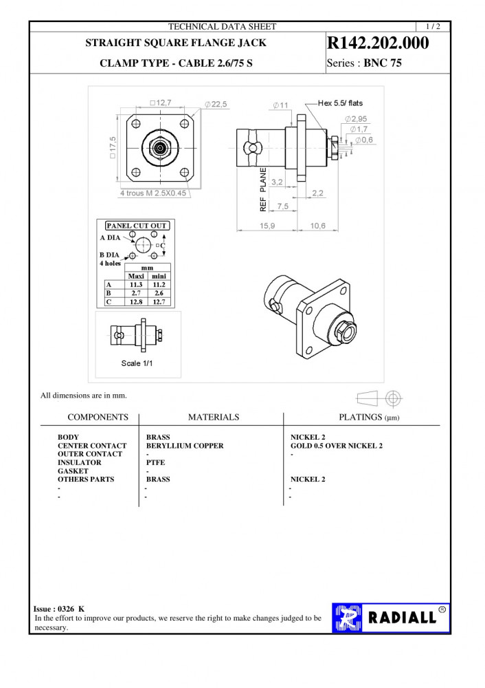 Radiall R142202000 technical datasheet page 1