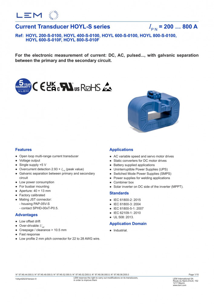 HOYL-S datasheet page 1