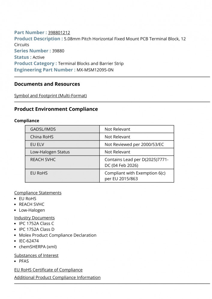 Technical document page 1 for MOLEX 398801212