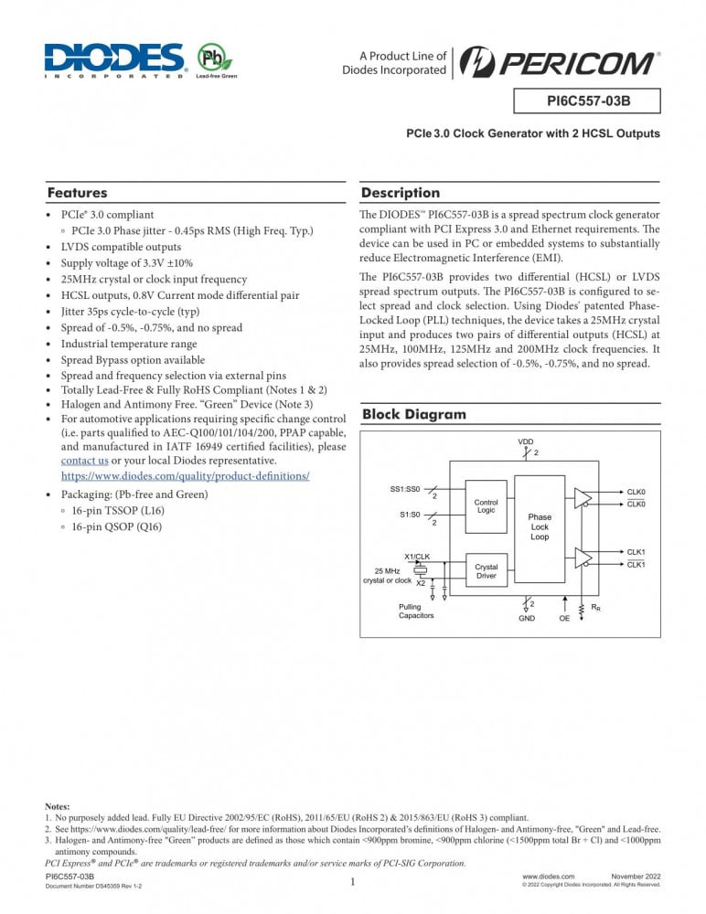 PI6C557-03BQEX datasheet page 1