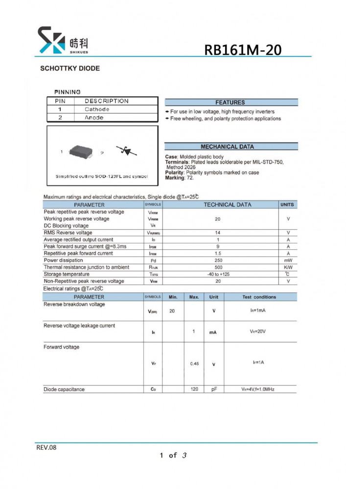 RB161M-20 datasheet page 1