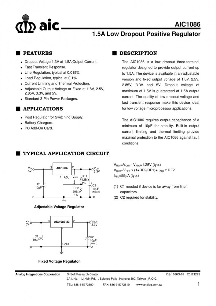 AIC1086 datasheet page 1