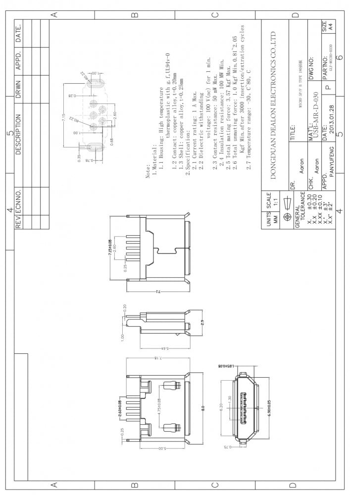 DEALON USB-MR-D-030 technical drawing page