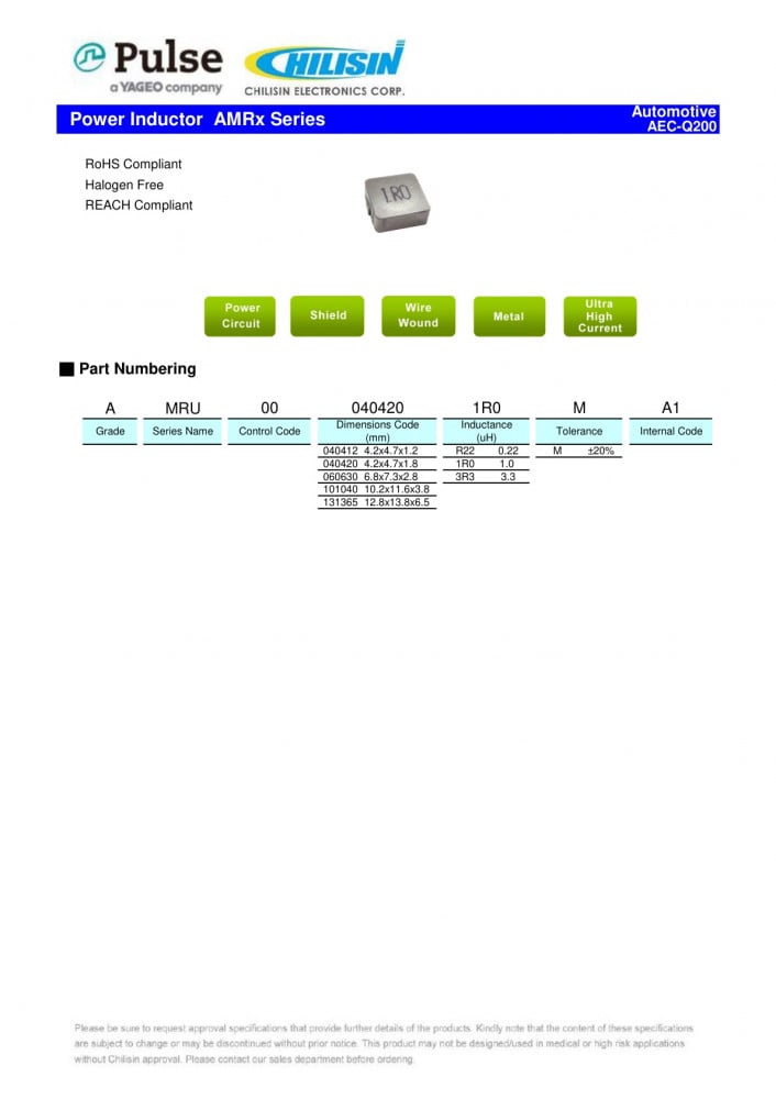 Chilisin AMRU series datasheet page 1