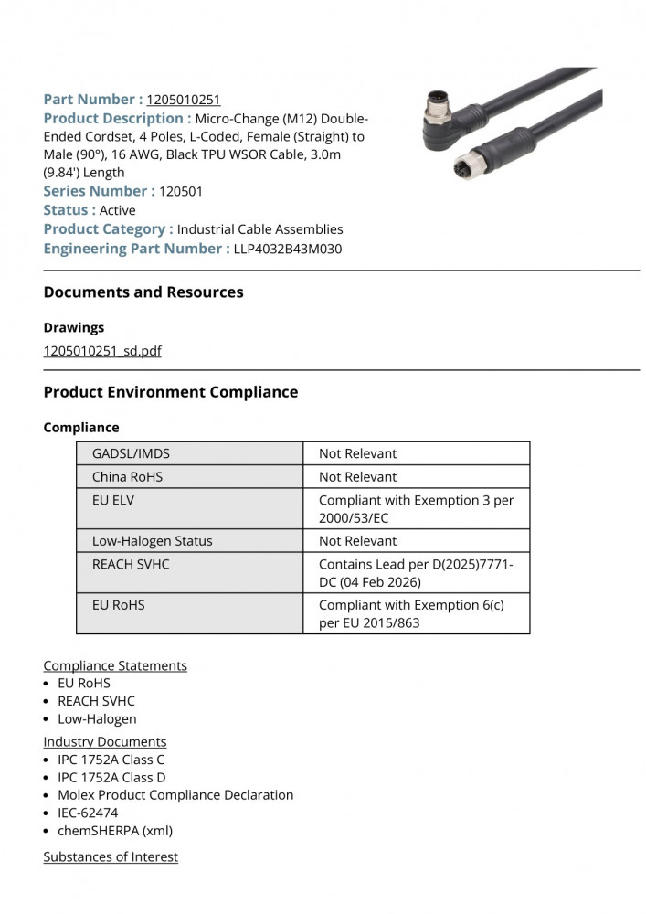 MOLEX 120501 series technical drawing, page 1