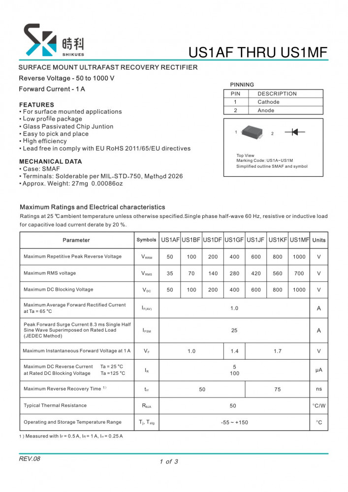 US1MF datasheet page 1