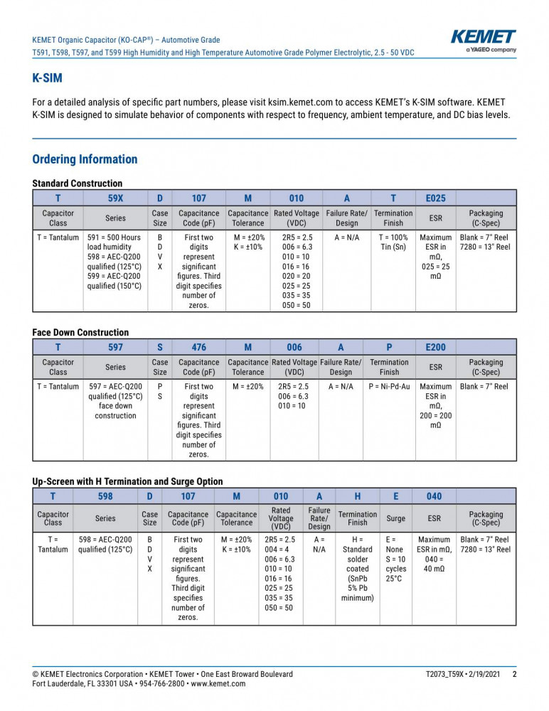 KEMET T598 technical document page 2