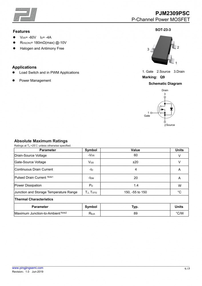 PJM2309PSC datasheet page 1
