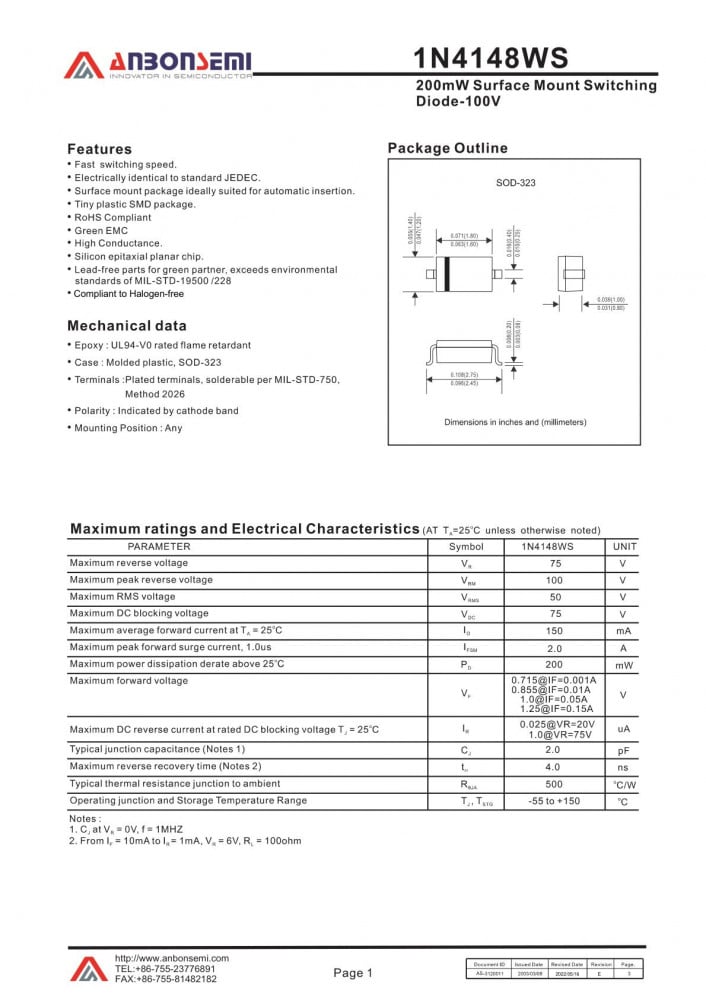 1N4148WS datasheet page 1