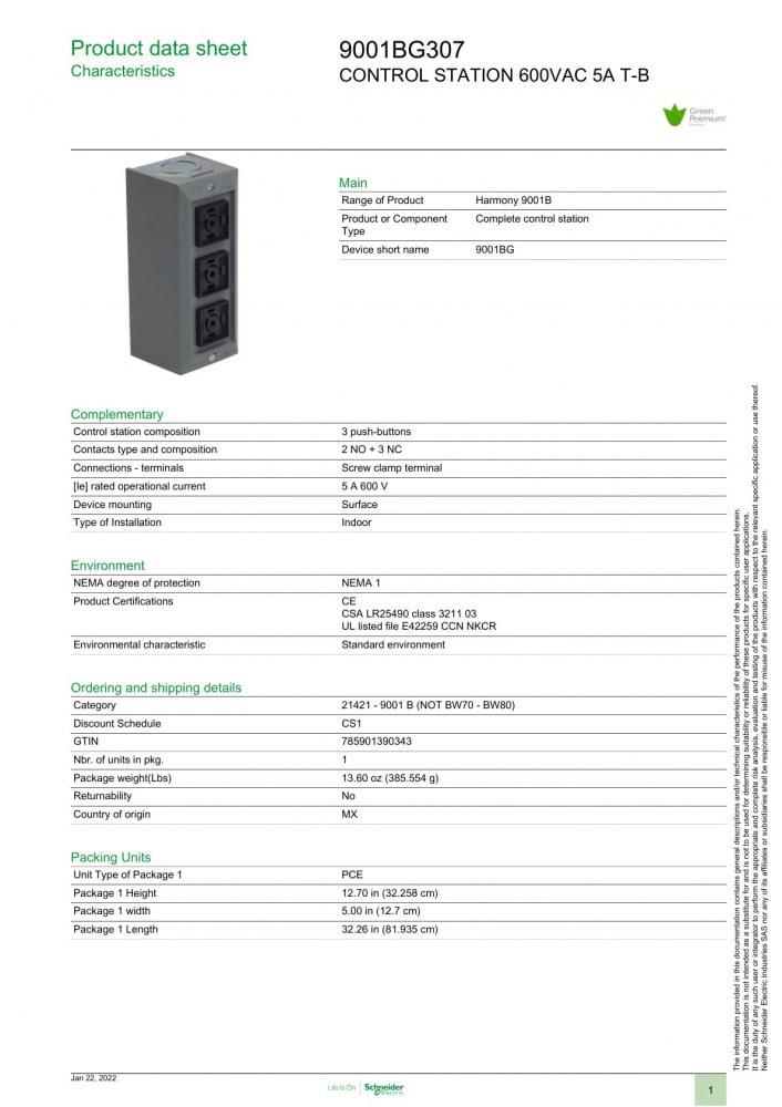 9001BG307 technical document page 1